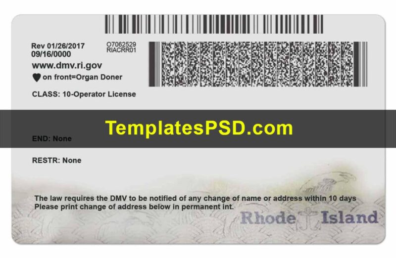 Rhode Island Drivers License PSD Template 2025