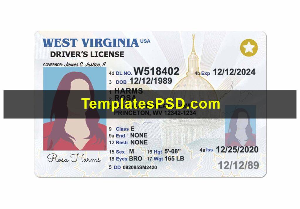 West Virginia Drivers License PSD Template 2025